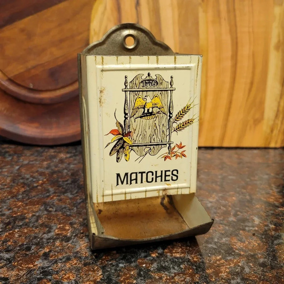 Vintage | Kitchen | 95s Metal Matchbox Holder Beige Gold With Americana ...